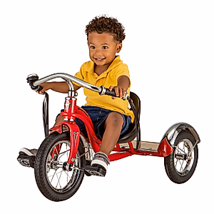 Schwinn Roadster Bike for Toddler, Kids Classic Tricycle, Low Positioned Steel Trike Frame with Bell and Handlebar Tassels, Rear Deck Made of Genuine Wood, for Boys and Girls Ages 2-4 Year Old, Red