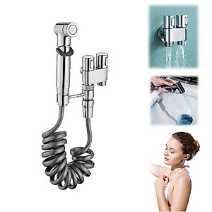 Double Control Mini Shower, Handheld Toilet Bidet Sprayer, Bathroom Toilet Bidet Sprayer Kit, Bidet Attachment with Pressure Control Jet Spray, Dual Function Faucet Sprayer Rinser (Silver Hose Set)