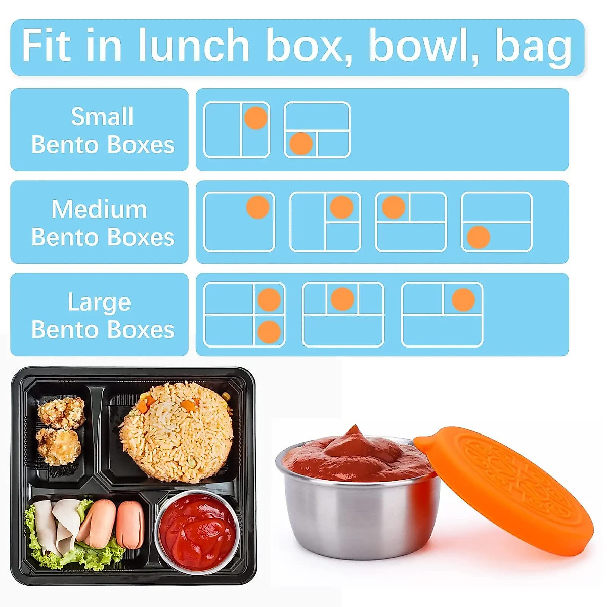 Salad Dressing Container to Go, 6x1.6 oz Reusable Small Containers with Lids and Leaf Spoons, Sauce Containers for Lunch Box, 18/8 Stainless Steel Condiment Cup, Easy Open, Leakproof Dipping Sauce Cup