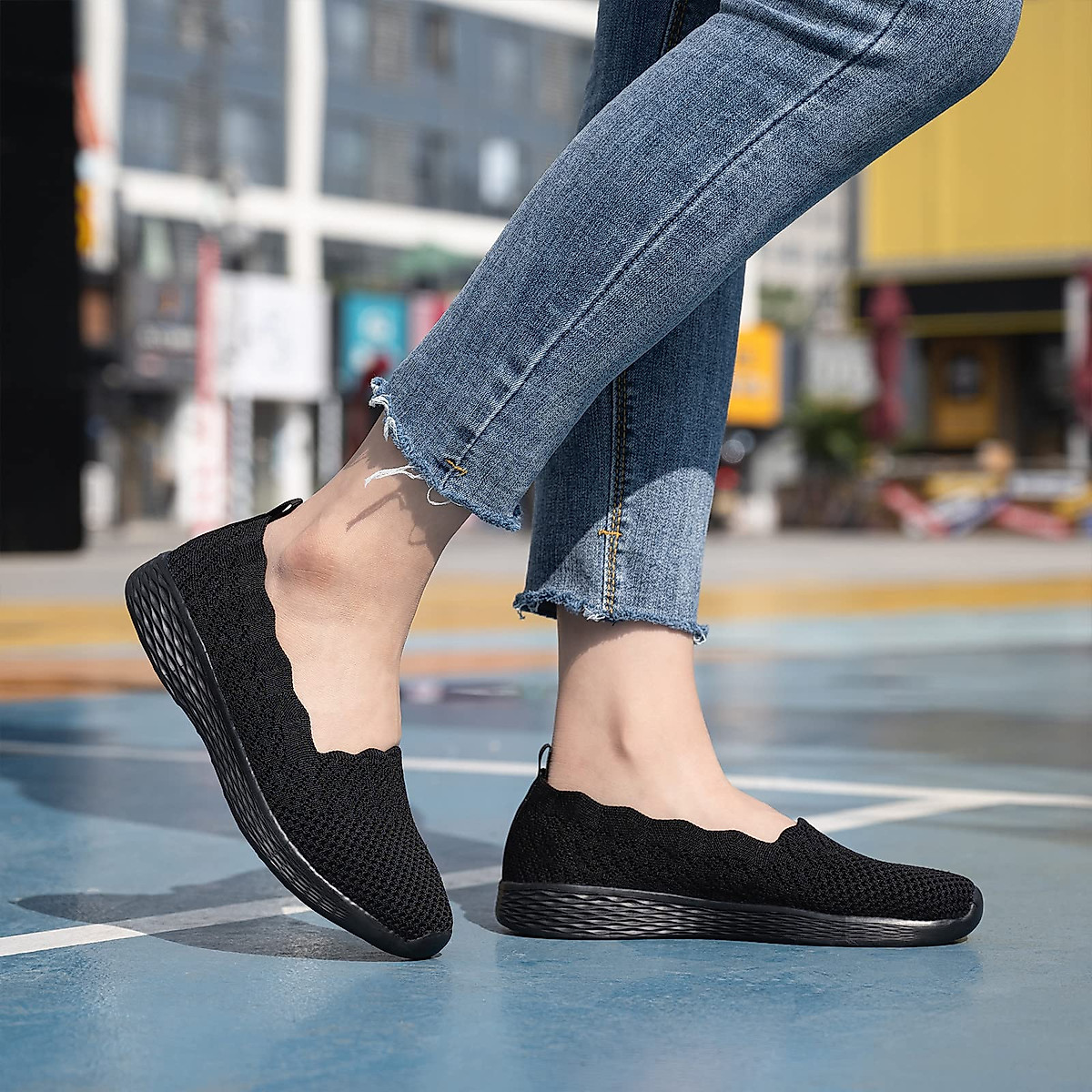 poemlady Women's Slip on Loafer Shoes - Mesh Casual Ballet Flat Nurse Walking Sneakers Knit Round Toe Casual Low Wedge Memory Foam Shoes, 1905 B/All Black 8