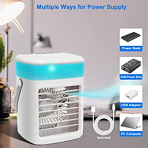 Houselyla Portable Air Conditioner Fan, Cooling Desk Fan Humidifier with 3-speed, Rechargeable Protable Fan 7 Colors and Misting Fast Cooling Desktop Fan for Home, Room, Office