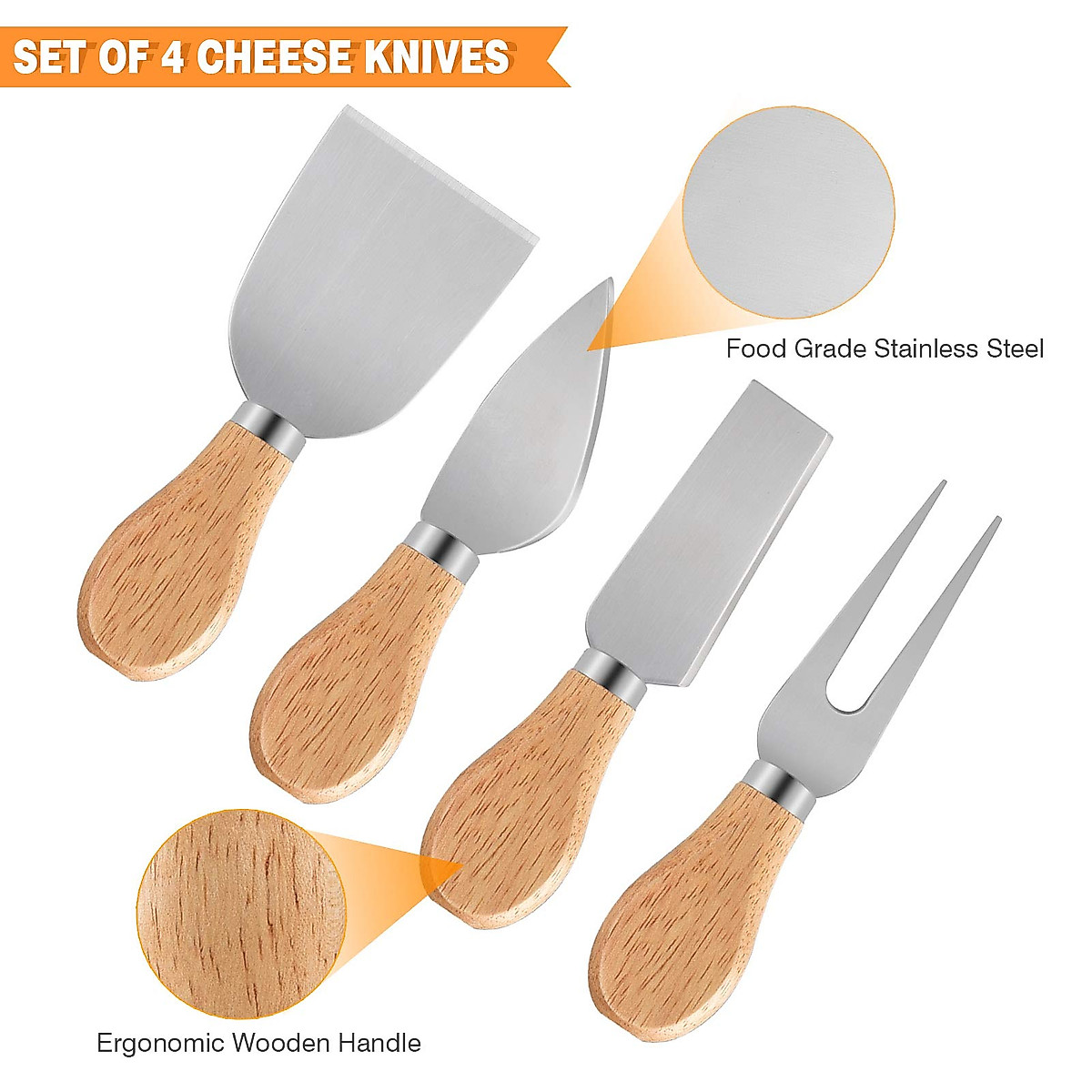 Cheese Knife Set with Holder Stand,Set of 4 Pieces Cheese Cutter Knives Set for Charcuterie Board,Stainless Steel Cheese Spreader,Slicer,Shaver,Fork with with Wood Handle & Magnetic Knife Block