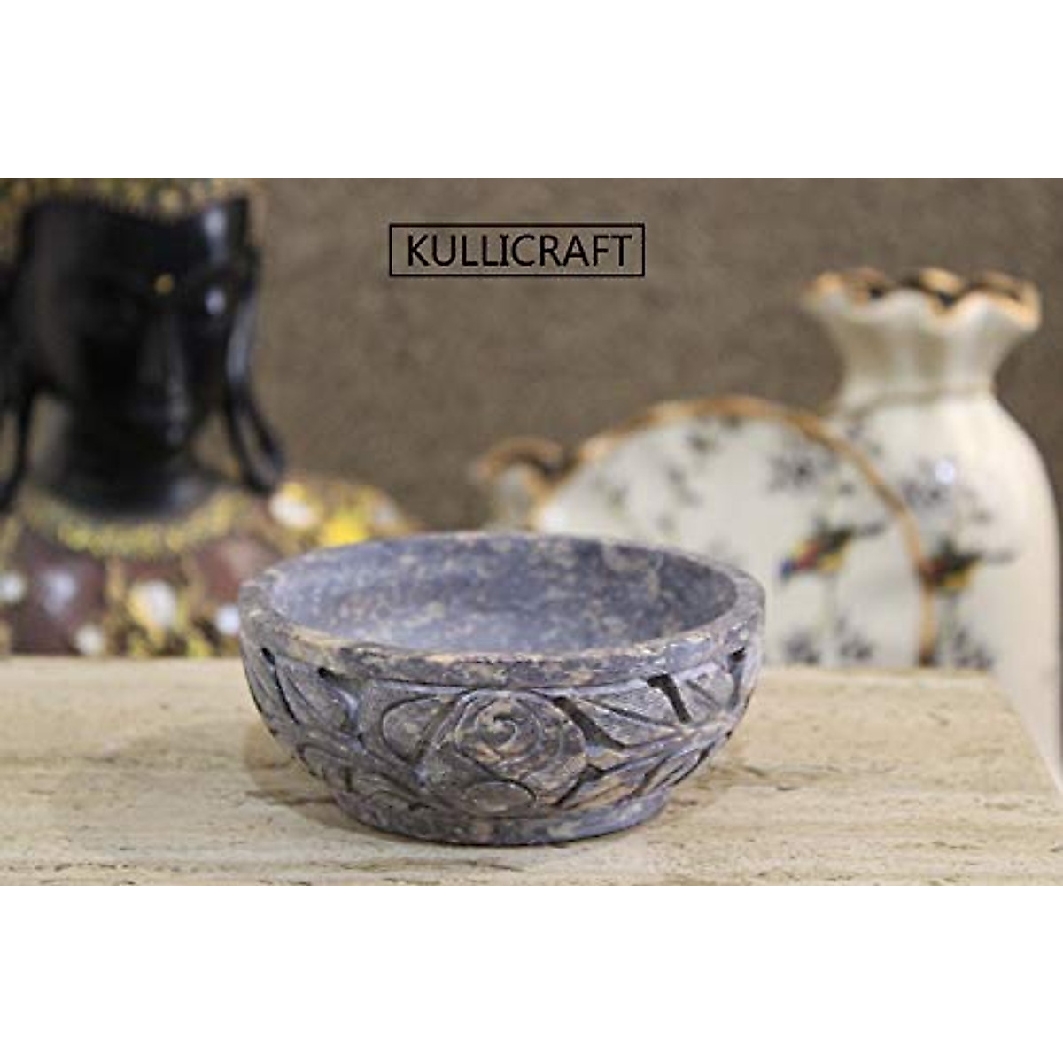 KC KULLICRAFT Marble Soapstone Natural Smudge Pot | Stone Bowl | Scrying And Smudge Bowl (Scrying - Bowls & Mirrors) (5 Inch) From India. Handmade Leaf Carved Design.