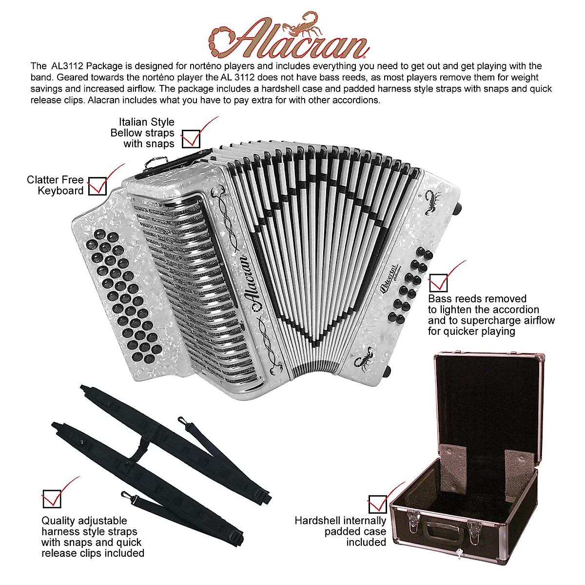 Alacran AL3112 Accordion Package: 31 Button, 12 Bass Accordion with Rigid Case and Adjustable Straps (Sol/GCF, White Pearl)