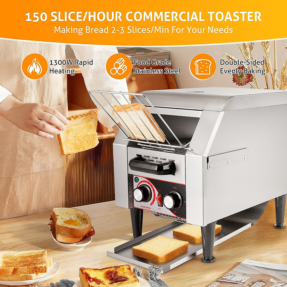 WICHEMI Commercial Conveyor Toaster, 150 Slices/Hour Heavy Duty Stainless Steel Commercial Toaster Oven Electric Restaurant Toaster 1300W Electric Conveyor Belt Toaster for Toast Bun Bagel Bread