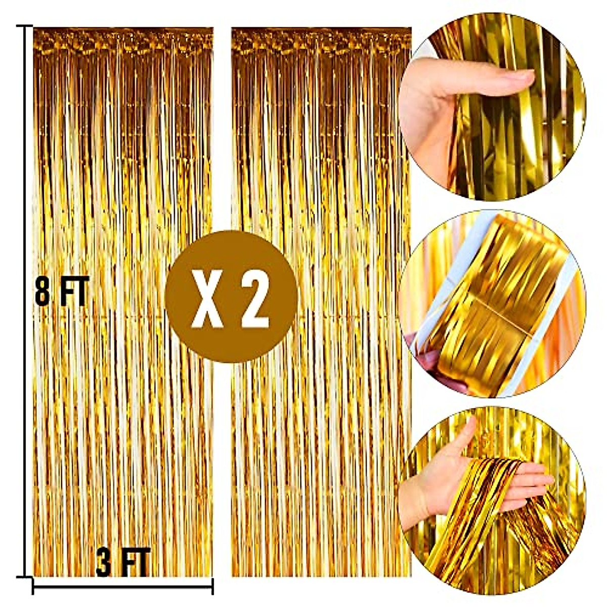 Dazzle Bright Backdrop Curtain, 3FT x 8FT Metallic Tinsel Foil Fringe Curtains Photo Booth Background for Baby Shower Party Birthday Wedding Engagement Bridal Shower (2, Gold)