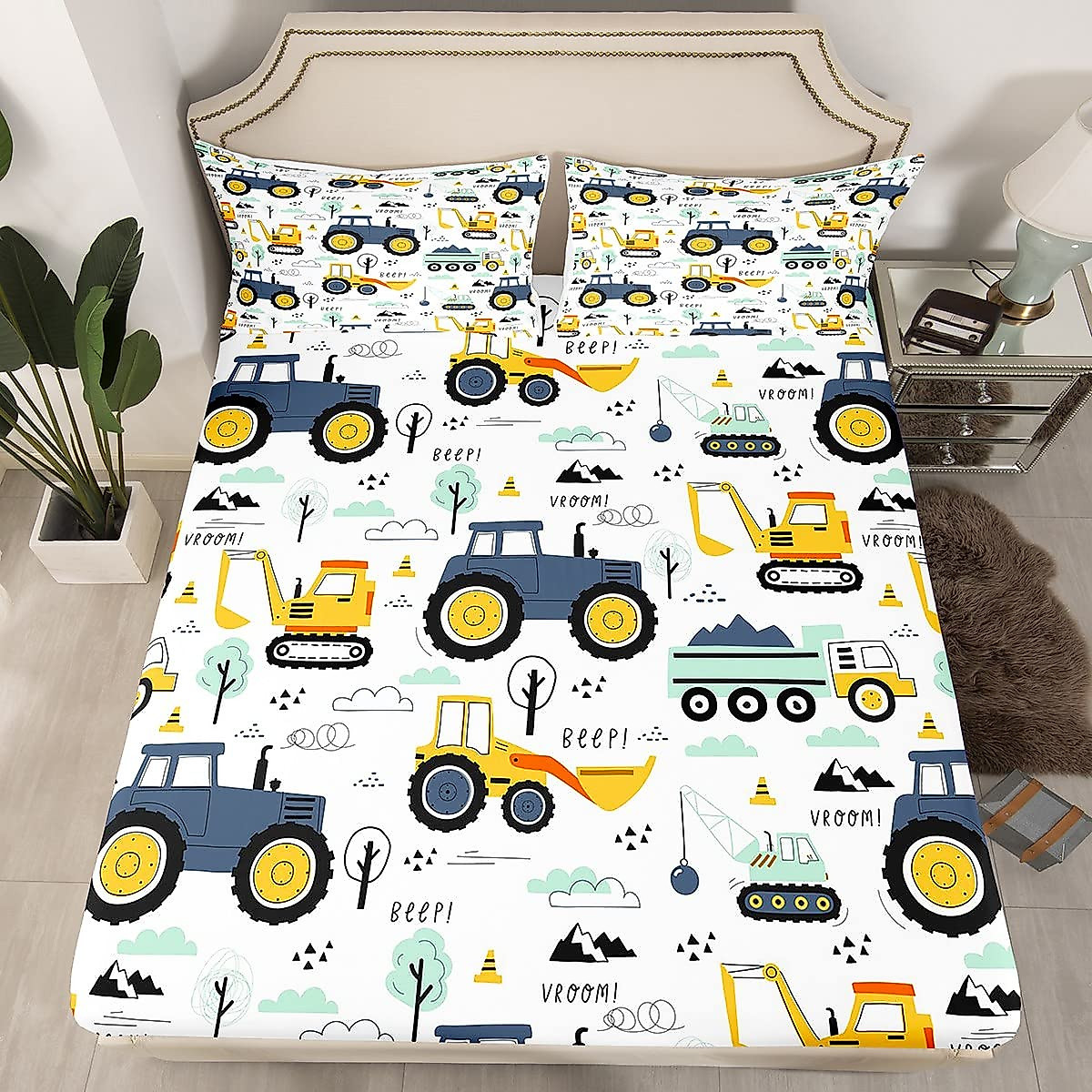 Excavator Tractor Bed Sheets King,Construction Vehicles Sheet Set for Kids Girls Teens Bedroom,Cartoon Car Toddler Bed Sheet with 2 Pillowcases,Equipment Trucks Sheets Boys Truck Room Decor