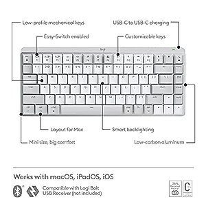 Logitech MX Mechanical Mini for Mac Wireless Illuminated Keyboard, Low-Profile Performance Switches, Tactile Quiet Keys, Backlit, Bluetooth, USB-C, Apple, iPad - Pale Grey