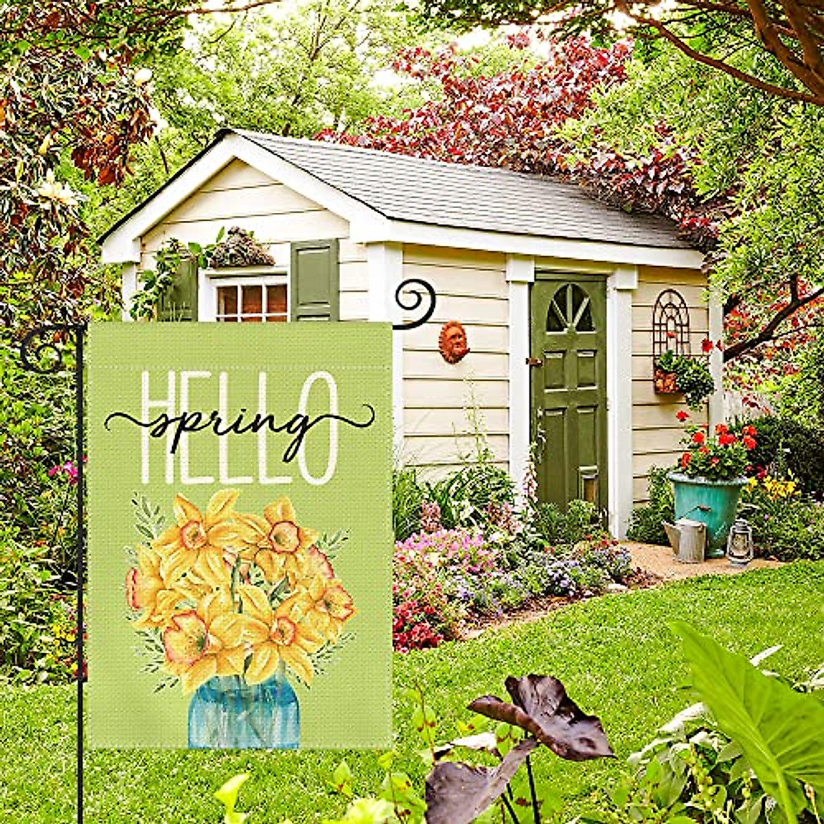 AVOIN colorlife Hello Spring Daffodil Garden Flag 12x18 Inch Double Sided Outside, Floral Mason Jar Seasonal Yard Outdoor Flag