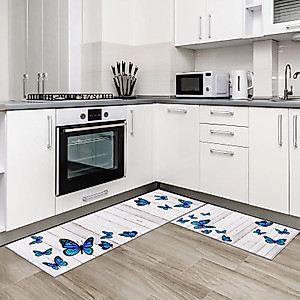 Farmhouse Style Kitchen Mats for Floor Cushioned Anti Fatigue 2 Piece Set Kitchen Runner Rugs Non Skid Washable Butterfly Vintage Wooden Plank