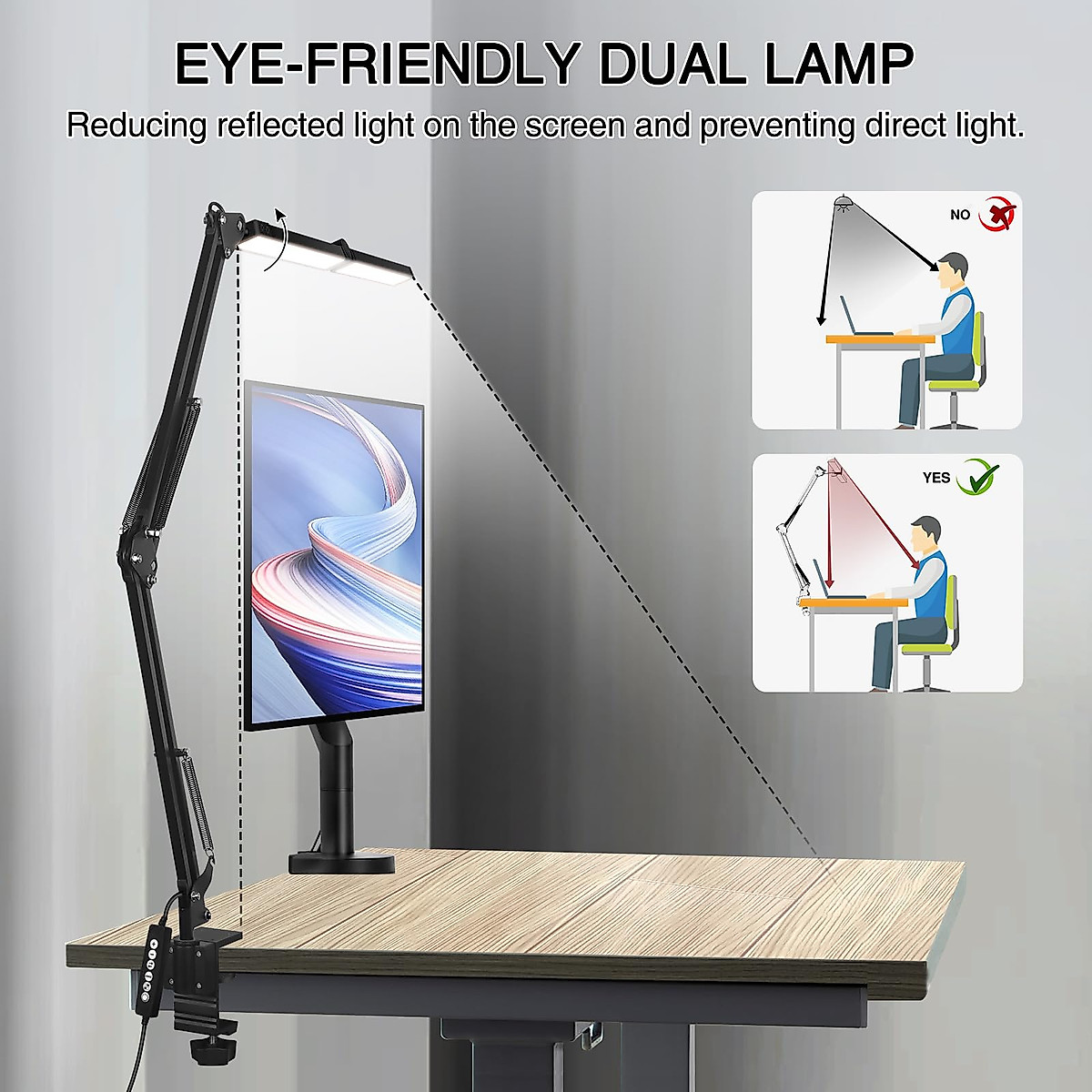 2-in-1 Desk Lamps for Home Office, 24W Large LED Desk Lamp with Remote Control, Double Head Computer Desk Lamp with Sleep Mode, 5 Colors Stepless Dimming Architect Workbench Light with Memory Function