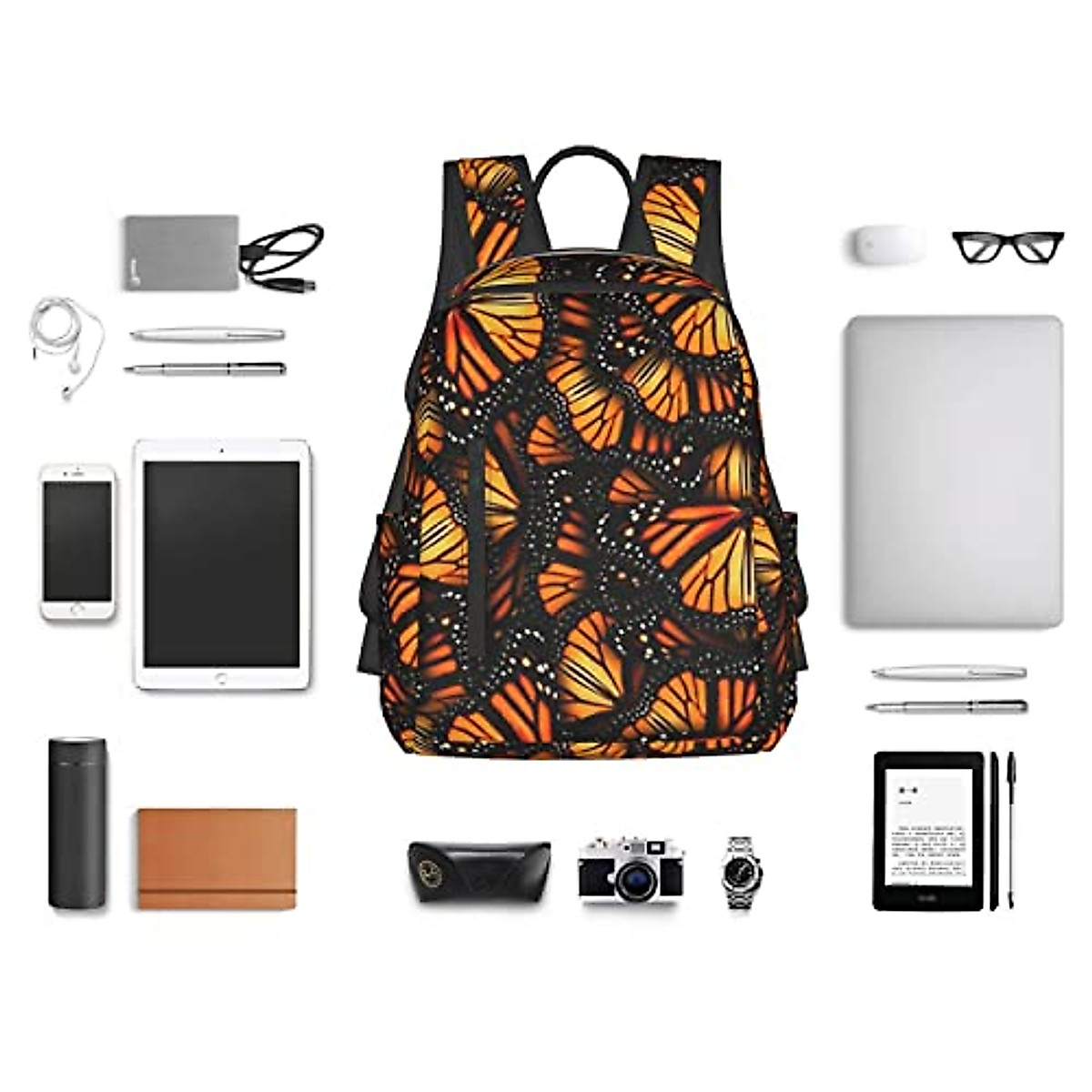 Orange Monarch Butterflies Print Backpack Laptop Bags Lightweight Unisex Daypacks For Outdoor Travel Work