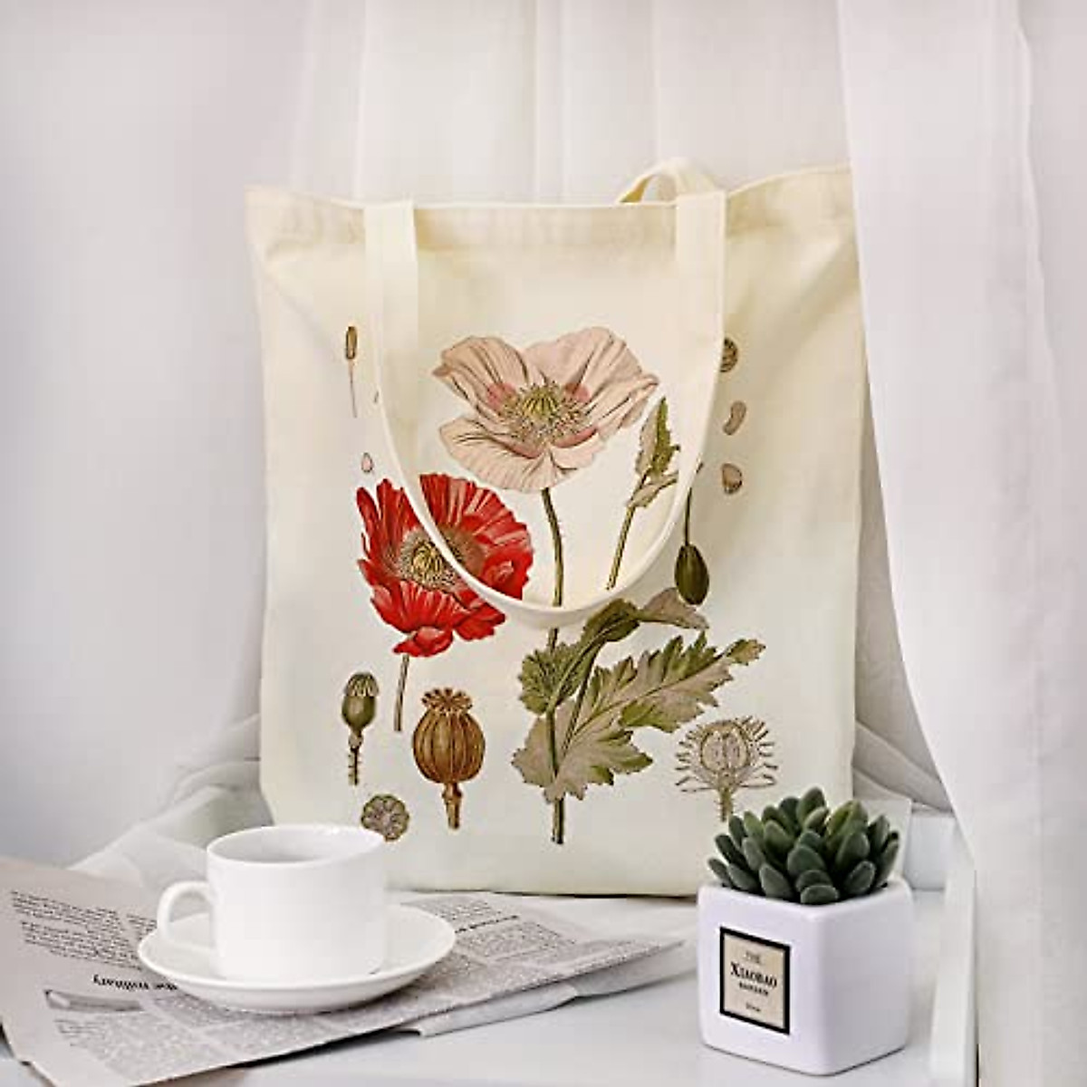 Weewooday Floral Canvas Tote Bag 4 Pieces Botanical Shopping Bag Aesthetic Flower Tote Grocery Bag for Women Girl Shopping(Classic Style)