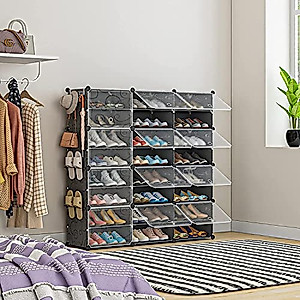 Aeitc 48-Pairs Shoe Rack Organizer Shoe Organizer Expandable Shoe Storage Cabinet Narrow Standing Stackable Space Saver Shoe Rack for Entryway, Hallway and Closet,Black, Translucent