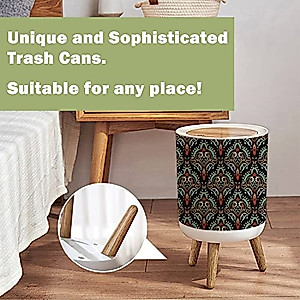 Small Trash Can with Lid Seamless Based on Ornament Paisley Bandana Print Vintage Style Silk Wood Legs Press Cover Garbage Bin Round Waste Bin Wastebasket for Kitchen Bathroom Office 7L/1.8 Gallon