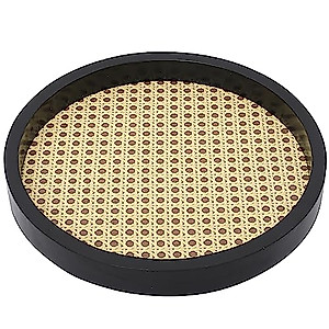 SwallowLiving Decorative Round Serving Tray with Imitated Rattan Handmade Ottoman Tray Boho Basket Wooden Black Frame Storage Tray 11.8” x 1.3“