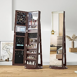 HNEBC LED Light Jewelry Organizer - 360° Rotating Armoire with Mirror, Full Length Cabinet for Jewelry Storage - Large Dark Brown Box Compatible with Alexa/Google Assistant
