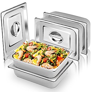 NDSWKR 4 Pack 1/2 Size Half Size Hotel Pan with Lid, 2.5 Inch Deep Stainless Steel Steam Table Pans, Anti-Jam Chafing Pan for Party, Hotel, Restaurant, Cafeterias, Buffet