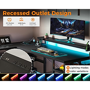 ODK L Shaped Gaming Desk with File Drawers, Reversible Computer Desk with Power Outlets & LED Lights, Home Office Desk with Storage Shelves, 61 Inch Bedroom Corner Desk with Monitor Stand, Black