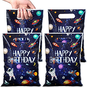 Bokon 50 Pcs Outer Space Birthday Bag Bulk Galaxy Plastic Gift Bags with Handle Planet Party Favor Bags Solar System Astronaut Candy Bags for Kids Birthday Space Theme Party Bags Supplies
