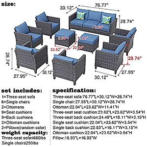 HOOOWOOO Patio Outdoor Conversation Set 9 Pieces Outside Patio Furniture Set Wicker Rattan Patio Seating Set Weather Resistant Patio Chairs Set,Denim Blue