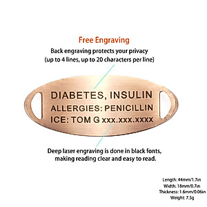 2Pcs Rose Gold Medical Alert ID Tag for Medical Alert Bracelet | Curved Comfort Design - Free Customize Engraved Medical Tag Set