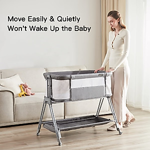 Baby Bassinet Bedside Sleeper, Portable Bedside Bassinet for Baby Travel, Easy Folding 7 Height Adjustable Bedside Crib with Mosquito Net and Carry Bag (Light Grey)