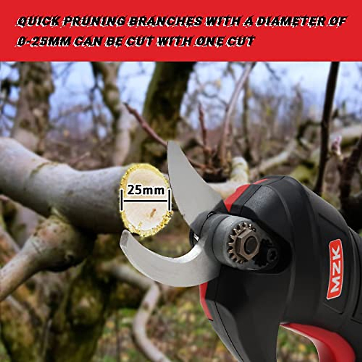 MZK Professional Cordless Electric Pruning Shears Battery Powered, Tree Pruner with Rechargeable Battery， 30mm [1.2inch] Cutting diammeter