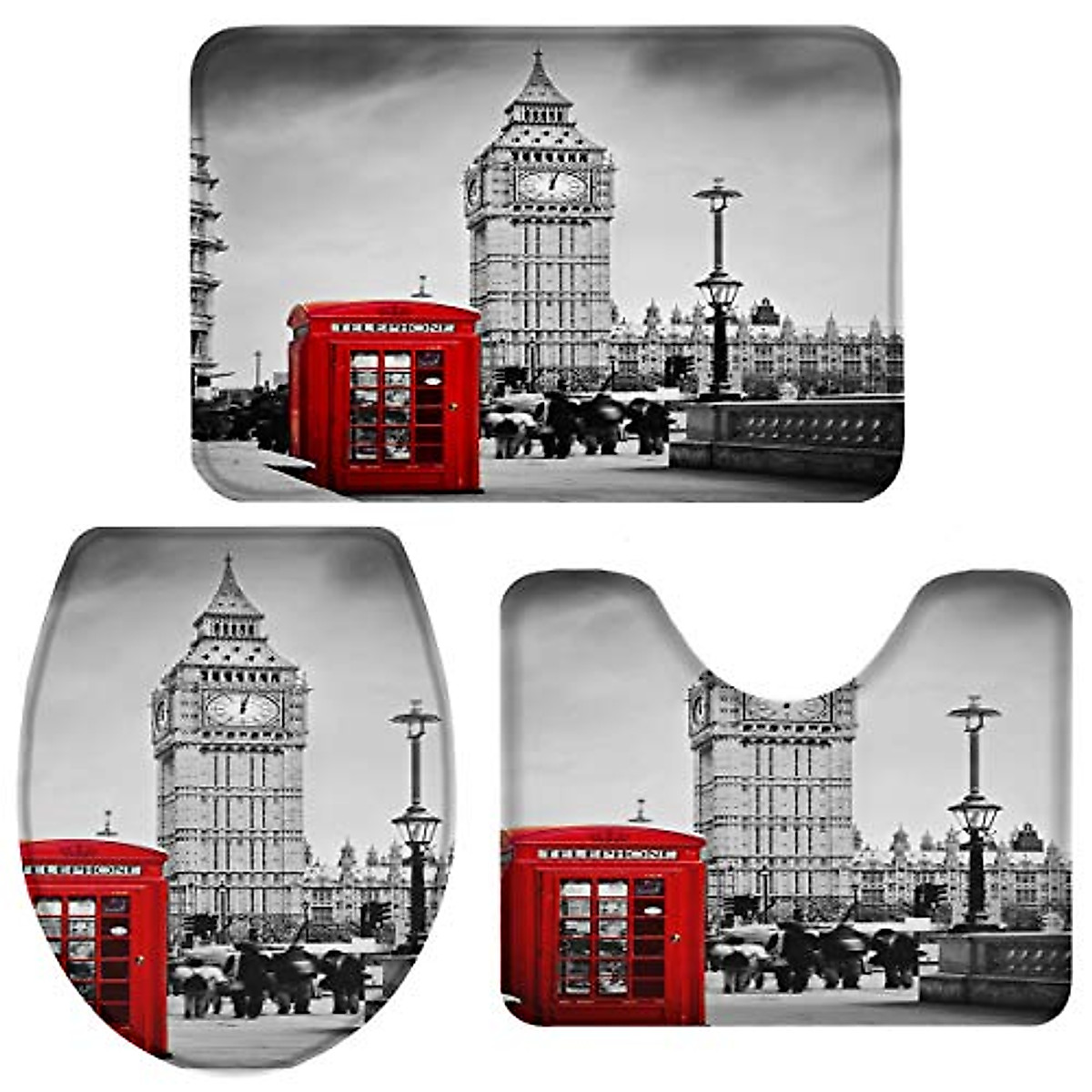 Women Trend 3 Piece Bath Rugs Set Non-Slip Bathroom Mats Absorbent Contour Soft Mat Toilet Lid Cover Bathroom Decor Set- Big Ben and Red Phone Booth in London 18"x30"+14"x18"+15"x18"