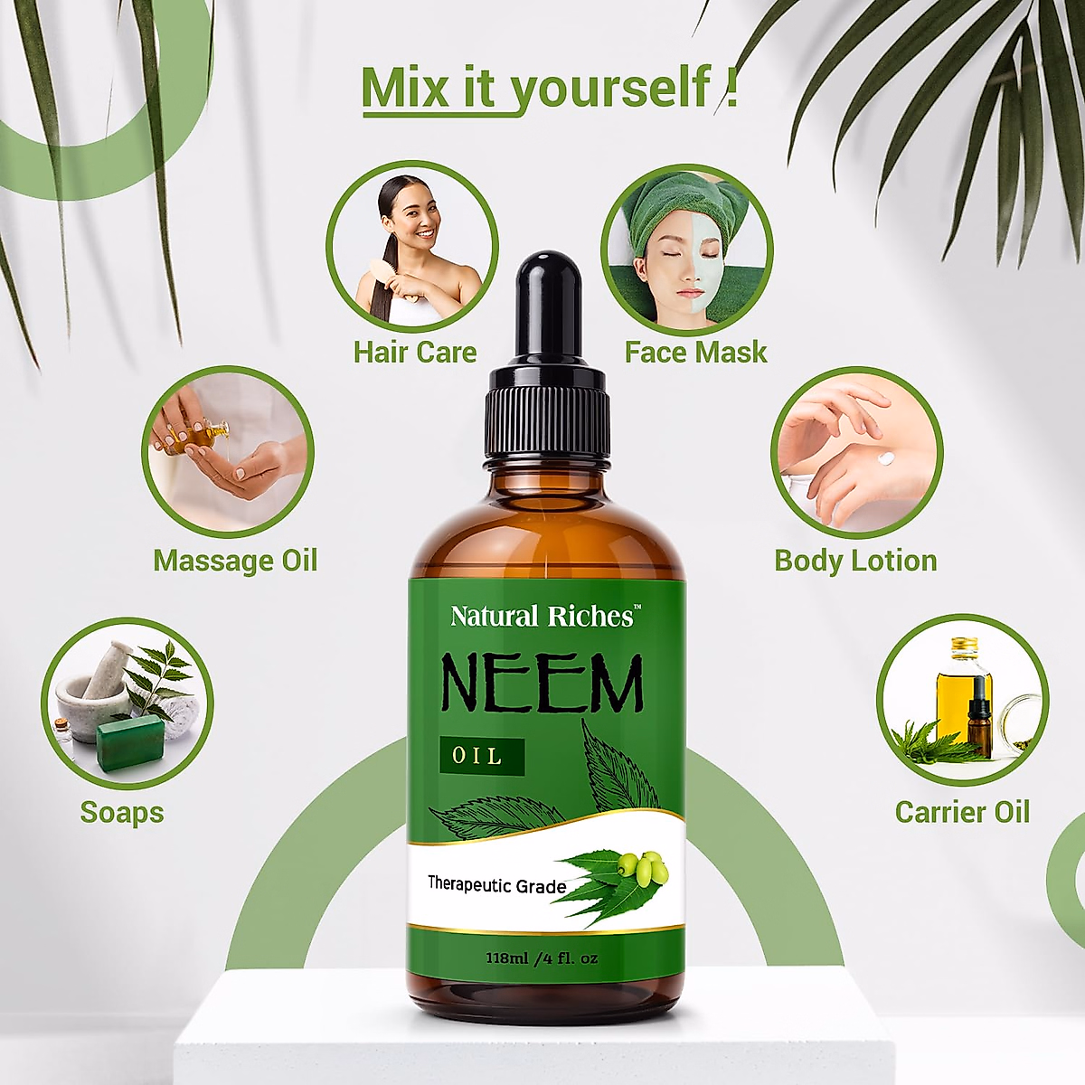 Natural Riches Neem Oil for Skin Care Cold Pressed, 100% Pure. Great for Hair Care, Skin, Nails, Acne Anti-Aging Moisturizer - You can also use it on plants. 4 fl. oz.