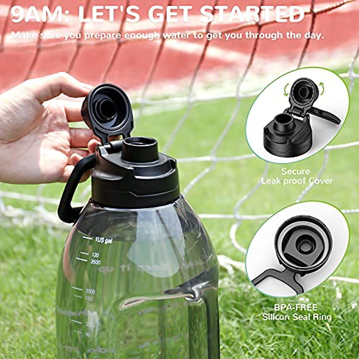 Diller bottle 1 Gallon Water Bottle with Time Marker, Large 128oz Water Bottle to Drink, Motivational Water Jug with handle for Gym Workout, BPA Free, Leak-Proof (Black)