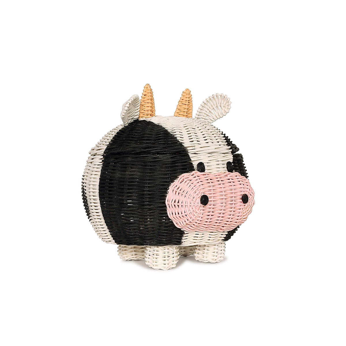 G6 COLLECTION Cow Rattan Storage Basket With Lid Decorative Bin Home Decor Hand Woven Shelf Organizer Cute Handmade Handcrafted Nursery Gift Animal Decoration Artwork Wicker Cow