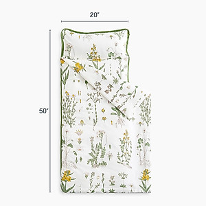 Wake In Cloud - Nap Mat with Removable Pillow for Kids Toddler Boys Girls Daycare Preschool Kindergarten Sleeping Bag, Floral Pattern Printed on White, 100% Cotton with Microfiber Fill