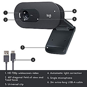 Logitech C505 Webcam - 720p HD External USB Camera for Desktop or Laptop with Long-Range Microphone, Compatible with PC or Mac