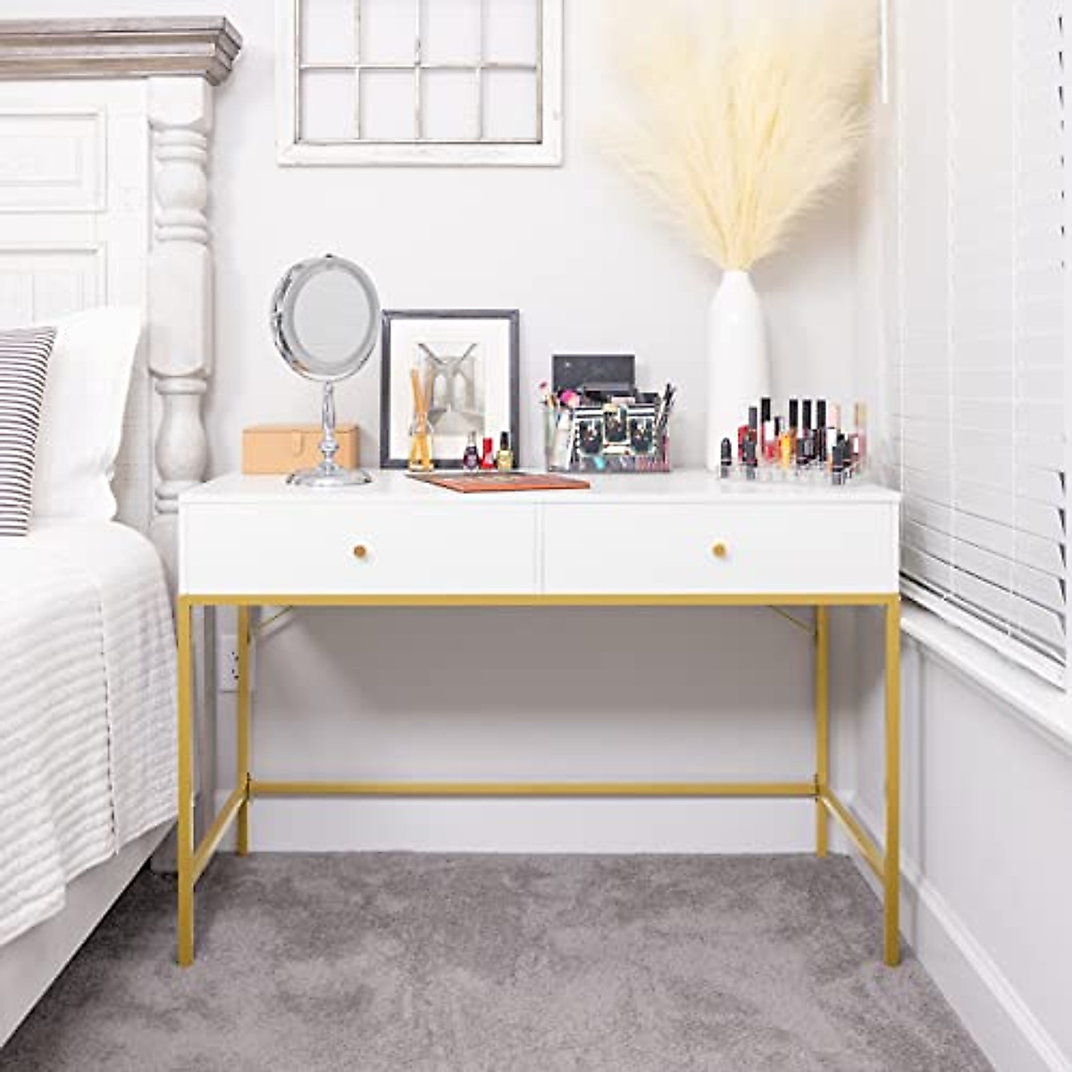 SUPERJARE Vanity Desk with Drawers, 47 inch Computer Desk, Modern Simple Home Office Desks, Makeup Dressing Table for Bedroom - White and Gold