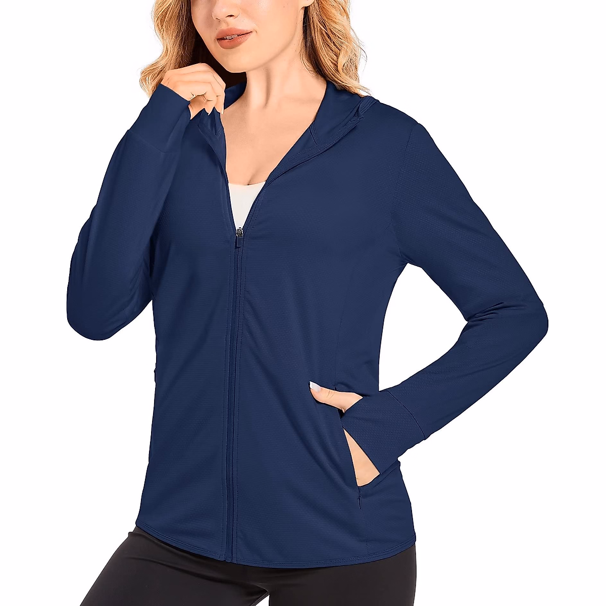 KEFITEVD UPF Shirt Women Long Sleeve UPF 50+ Sun Protection Hoodie Jacket Outdoor Workout Tops for Women Hooded Fishing Shirt Dry Fit Shirts Women Navy