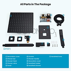 gotonovo Bathroom Matte Black 10 Inch Rainfall Shower Head Ceiling Mount with Handheld Spray Shower Mixer Faucet Luxury High Pressure Shower Combo Set Rough-in Valve and Shower Trim Included