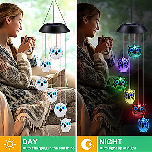 Wjiang Solar Wind Chimes, Owl LED Solar Powered Wind Chimes Lamp Color Changing Waterproof Garden Chimes with Hook for Outdoor Indoor Patio Yard Deck Grandma Mom