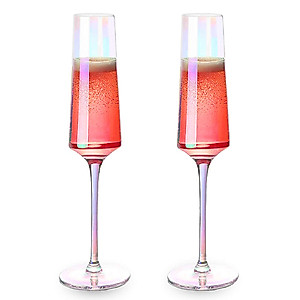 Cyimi Crystal Champagne Glass Flutes Set of 2 Iridescent, Premium Modern Champagne Glasses, Hand Blown Pearl Classic Champagne Flutes for Elegant Gift(Colorful,7 OZ)