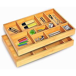 Bamboo Drawer Organizer Desk Cabinet Utensil Junk Holder Tray for Home Essentials Office Items With Adjustable Compartment Trays Wooden Flatware Storage Accessories 2 Pack…
