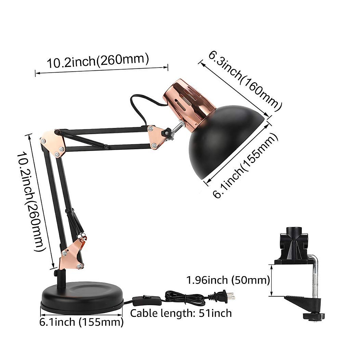 PowerKing Metal Swing Arm Desk Lamps, Adjustable and Flexible, Feading with Base and Clip 2-in-1 Function, Fit E26&E27 Bulbs Base, Application in Bedroom Living Room, Office Home (Black+Rose Gold)