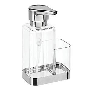 mDesign Modern Plastic Kitchen Sink Countertop Liquid Hand Soap Dispenser Pump Bottle Caddy with Storage Compartment - Holds and Stores Sponges, Scrubbers and Brushes - Clear/Chrome