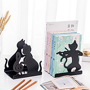 Cute Animal Metal Cat Book Ends Novelty Black Music Cat Play Bookends Decorative for Shelves Iron Cat Book Stand Anti-Slip Heavy Duty Desktop Organizer Book Shelf Holder for Library School Office Home