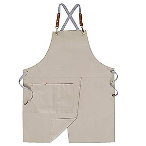 Mignongirl Crossback Apron with Pockets x2,Split Apron with Adjustable Straps,M-XXL (Beige)