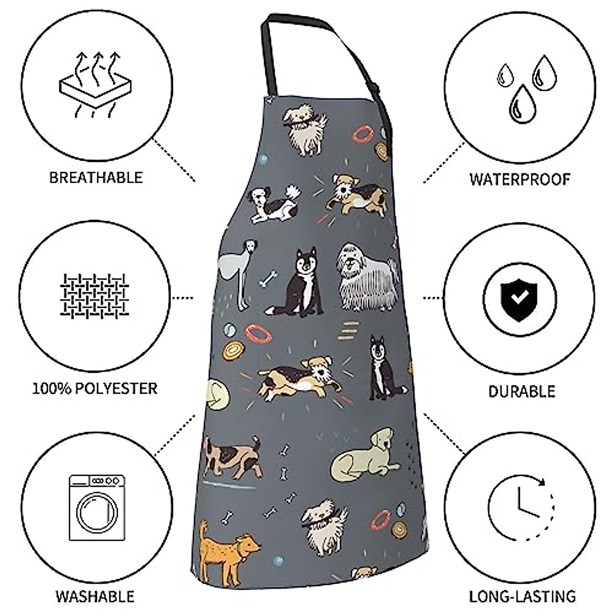 Perinsto Cute Dogs Animal (Dark Grey) Waterproof Apron With 2 Pockets Kitchen Chef Aprons Bibs For Cooking Baking Painting Gardening Grooming