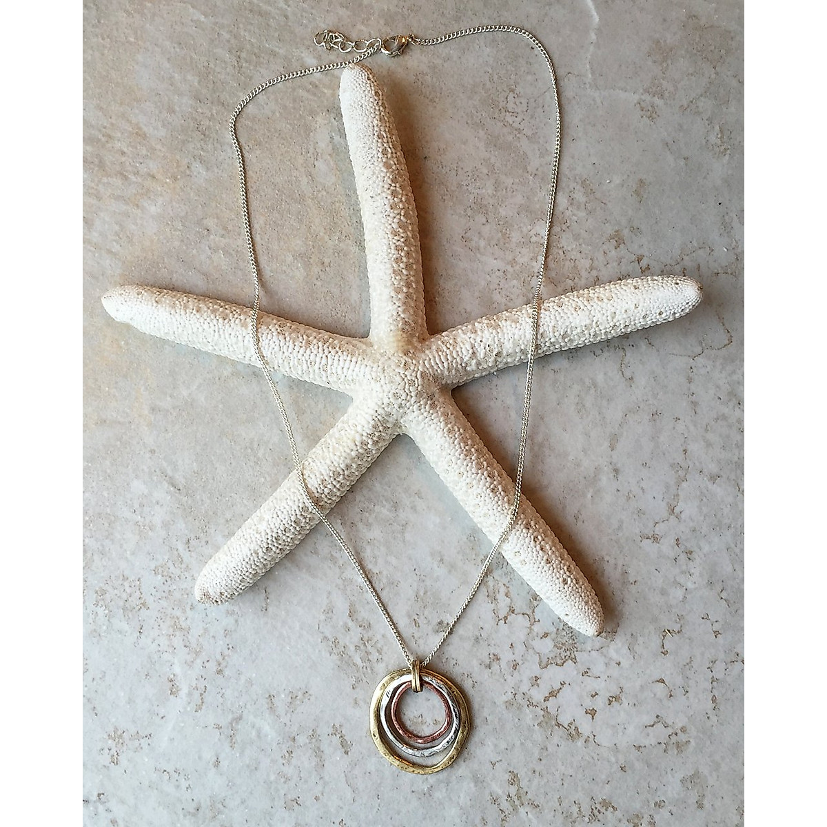 Of Earth and Ocean HANDMADE Sunrise Pendant Necklace, Triple Circles in Tri-Tone Copper, Brass, and Silver