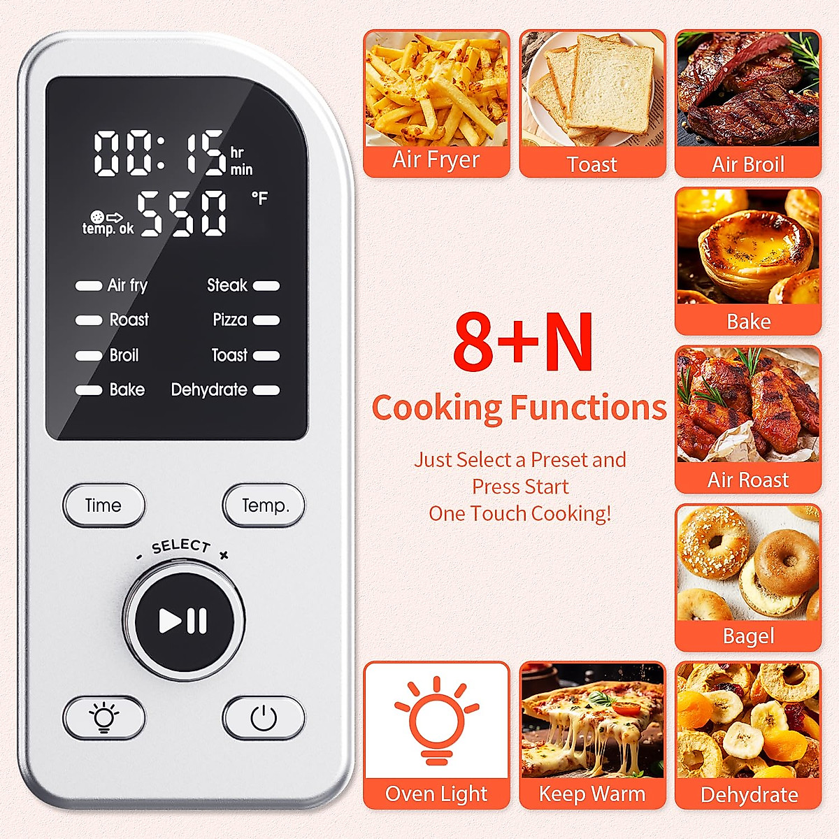 Beelicous Pro 19QT Digital 8-in-1 Air Fryer Toaster Oven, 550°F Flavor-Lock Tech, Flip Up & Away Capability, 40+ Recipes, Airfryer Countertop Oven Combo, 4 Accessories, Fit 13" Pizza, Stainless Steel