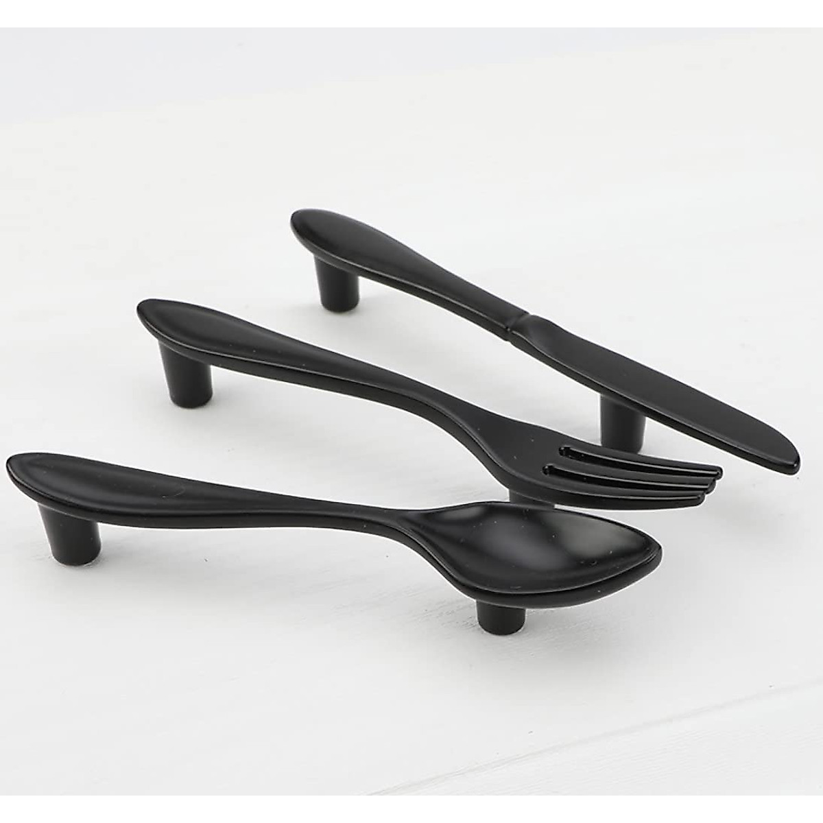 Sinyiol 2Pcs Matte Black Funny Cutlery Tableware Cabinet Pulls,Creative Spoon Fork Knife Shape 3" Hole Center Vintage Kitchen Cupboard Pulls Handles,Cute and Fun (2Pcs, Fork, Matte Black)