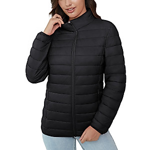 MAGCOMSEN Womens Black Jackets Ultra-light Puffer Quilted Winter 4 Pockets Long Sleeve Full-zip Padded Coat, Black XXL