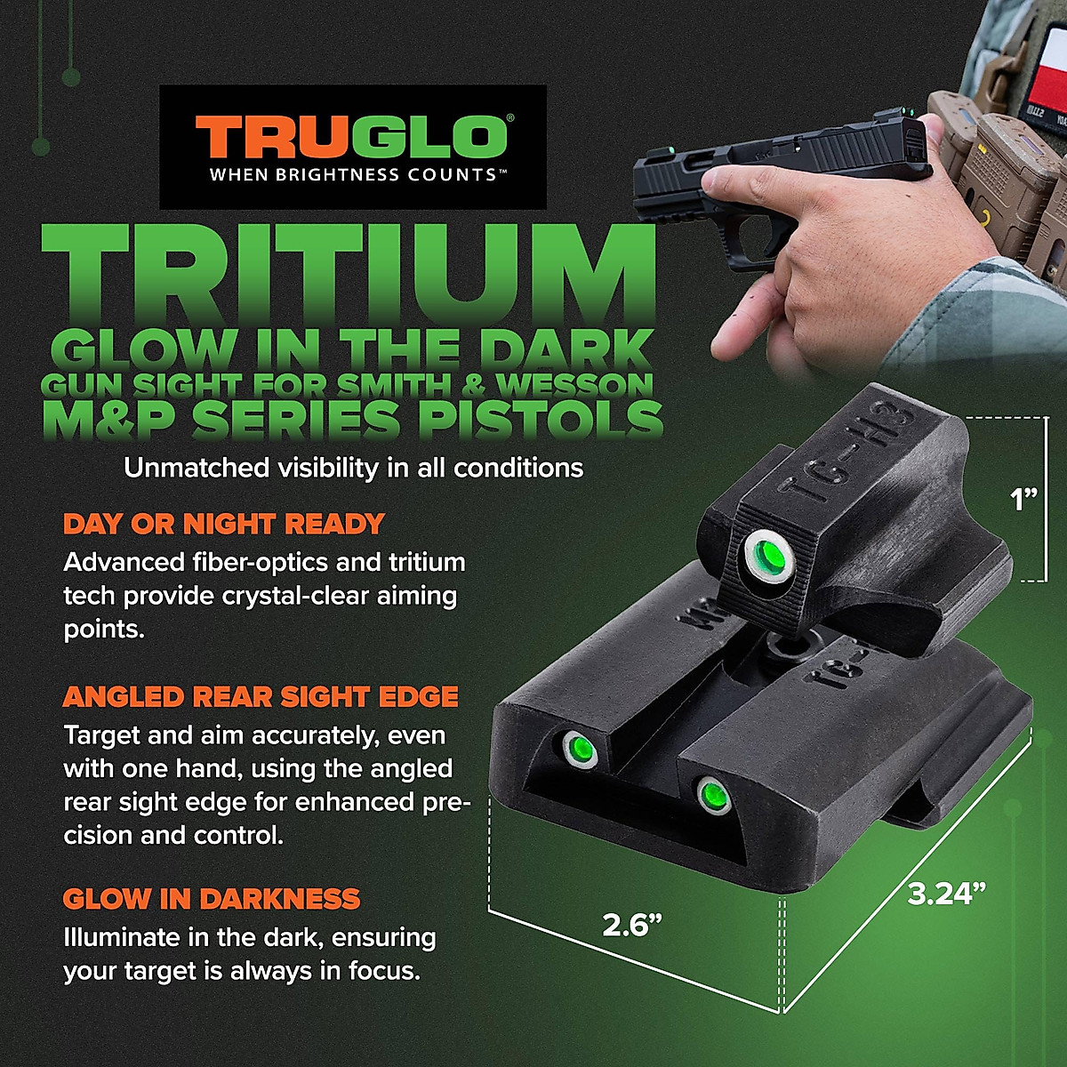 TruGlo Tritium Glow in the Dark Compact Pistol Optic with Transitioning Green and White Dot for Smith & Wesson M&P Series Pistols, Black